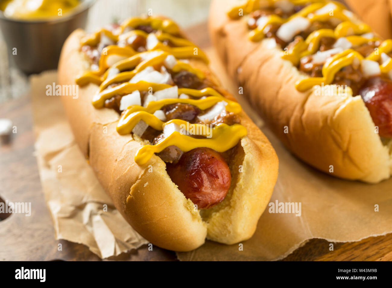 Homemade Detroit Style Chili Dog with Mustard and Onion Stock Photo - Alamy