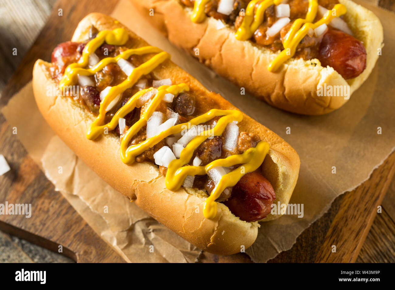 Homemade Detroit Style Chili Dog with Mustard and Onion Stock Photo - Alamy