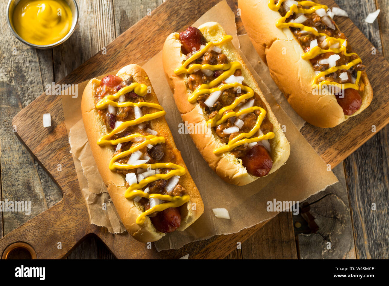 Homemade Detroit Style Chili Dog with Mustard and Onion Stock Photo - Alamy