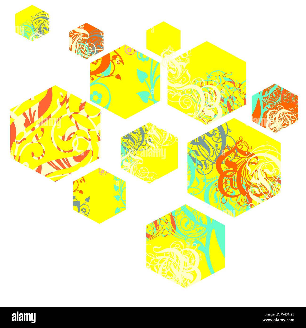 Ornamented hexagon shape vector abstract background in bold vivid ...