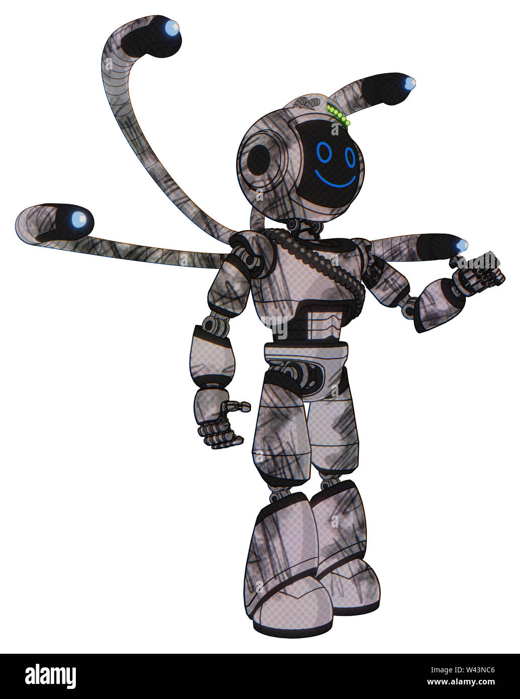 Mech containing elements: digital display head, happy face, green led ...