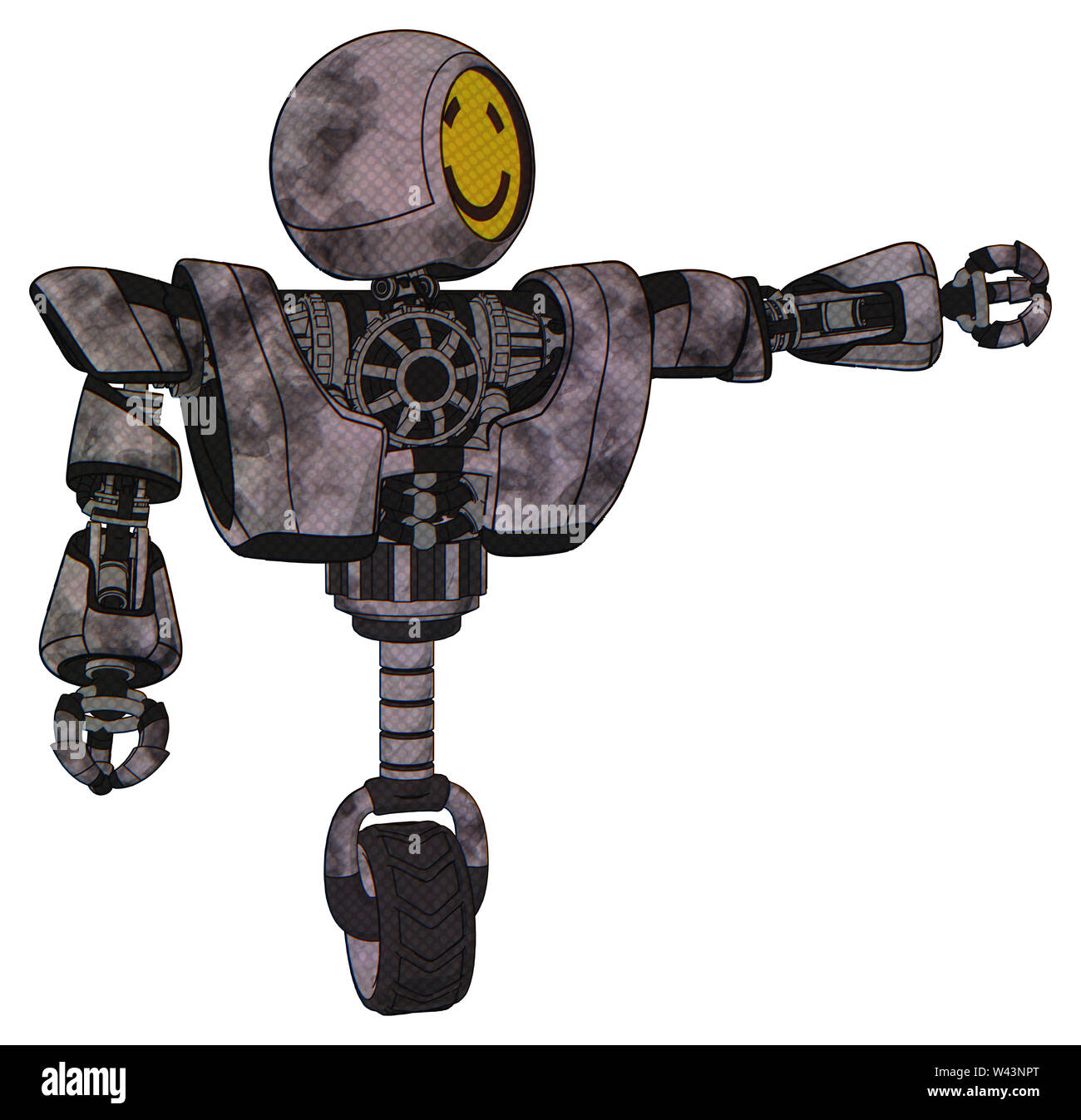 Robot containing elements: round head yellow happy face, heavy upper ...