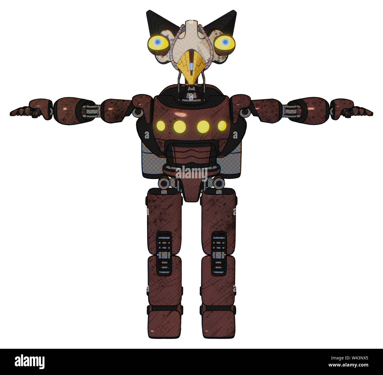 Mech containing elements: bird skull head, big yellow eyes, robobeak ...