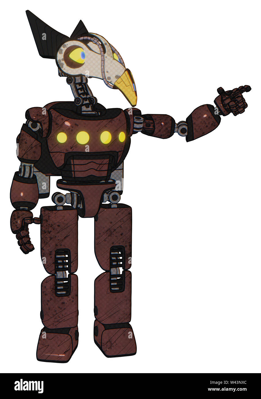 Mech containing elements: bird skull head, big yellow eyes, robobeak ...