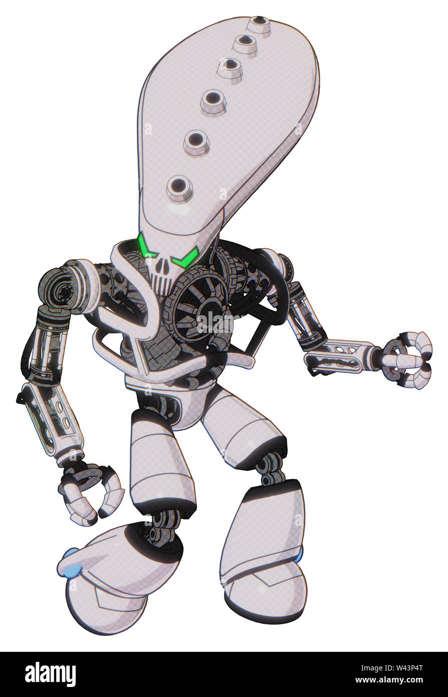 Robot containing elements: flat elongated skull head, heavy upper chest ...