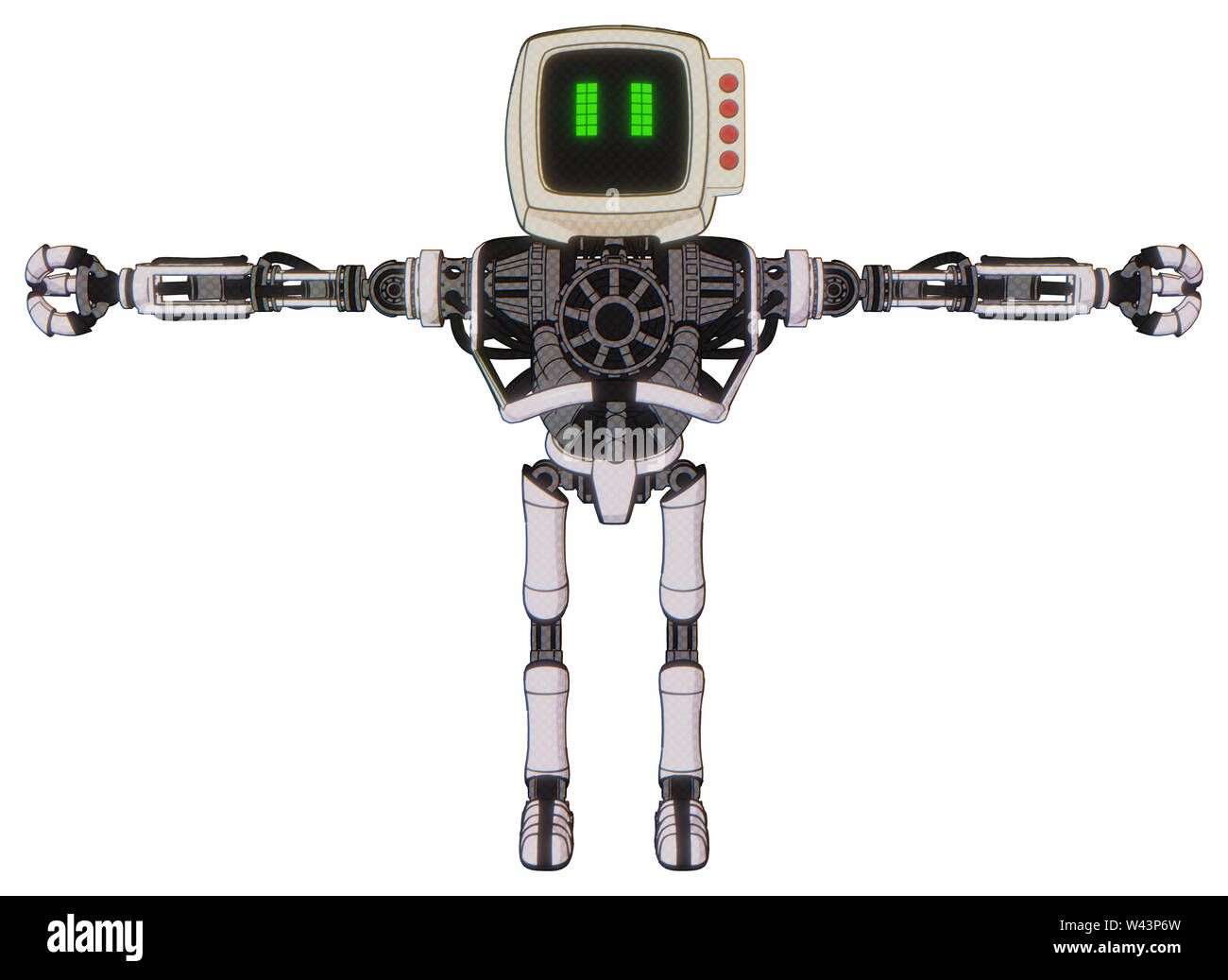 Mech containing elements: old computer monitor, pixel line eyes, red ...