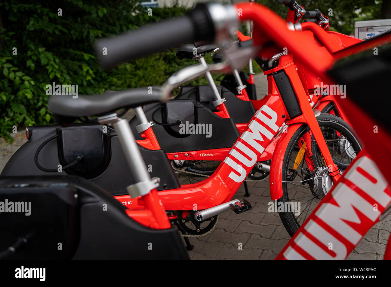 BERLIN, GERMANY - JULY 16 2019: Uber joins the dockless fleet with Jump ...