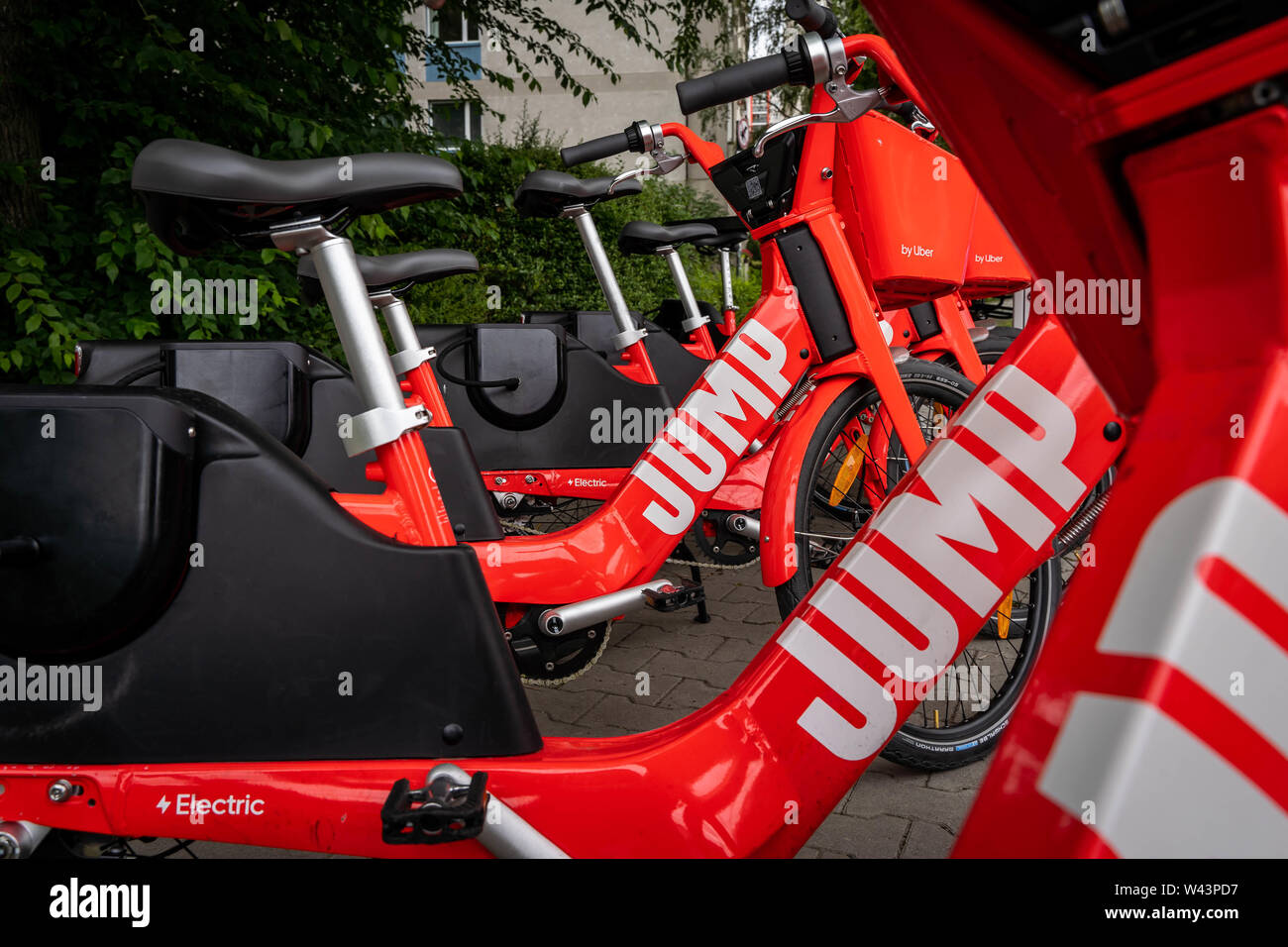 BERLIN, GERMANY - JULY 16 2019: Uber joins the dockless fleet with Jump ...