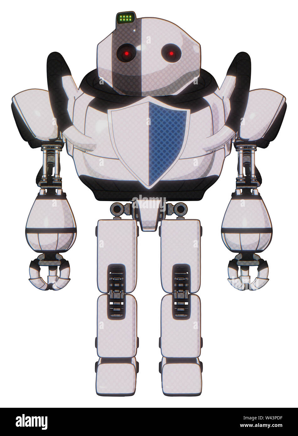 Mech containing elements: oval wide head, small red led eyes, green led ...