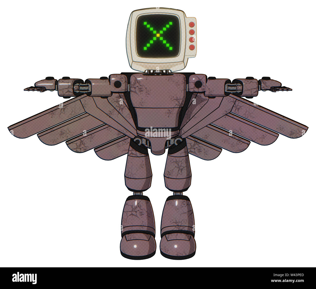 Robot containing elements: old computer monitor, pixel x, red buttons ...