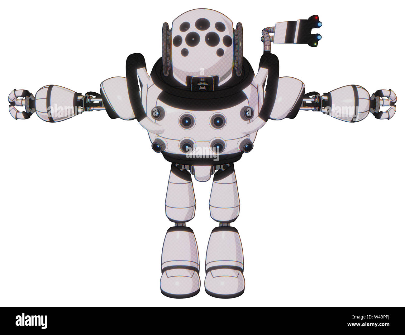 Droid containing elements: round head, bug eye array, heavy upper chest ...