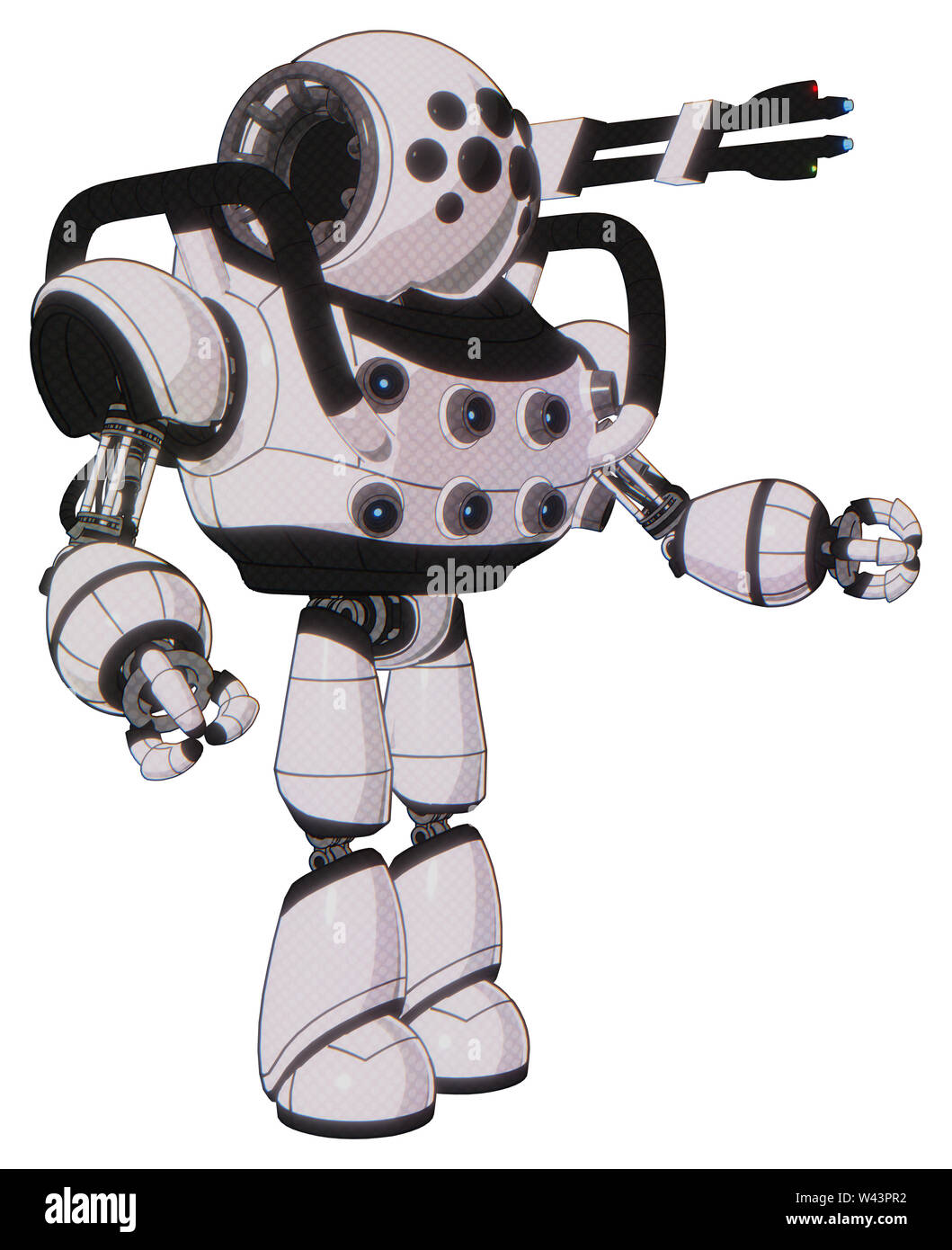 Droid containing elements: round head, bug eye array, heavy upper chest ...