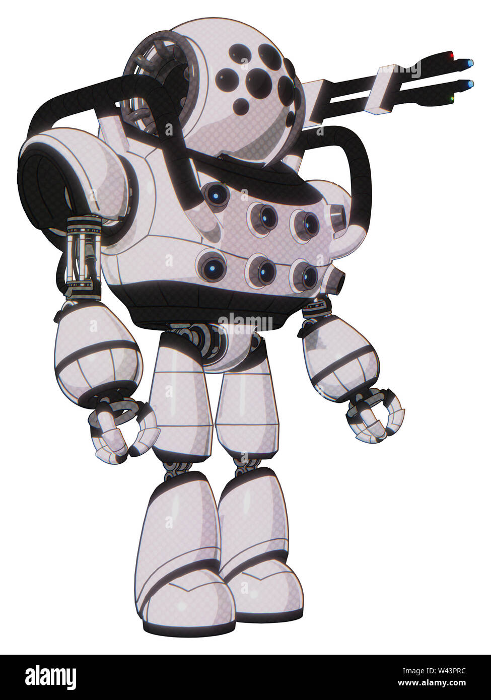 Droid containing elements: round head, bug eye array, heavy upper chest ...