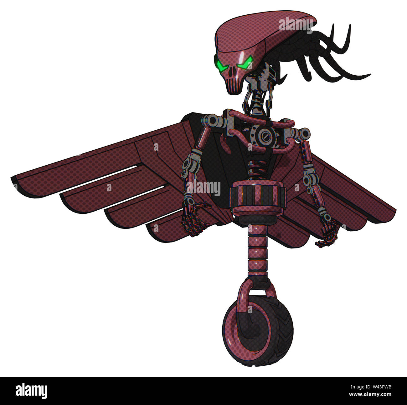 Mech containing elements: flat elongated skull head, cables, light ...