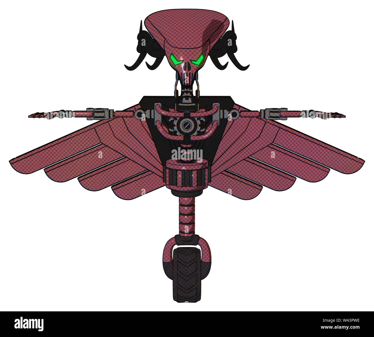 Mech containing elements: flat elongated skull head, cables, light ...