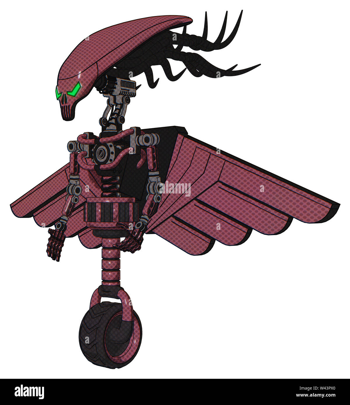 Mech containing elements: flat elongated skull head, cables, light ...