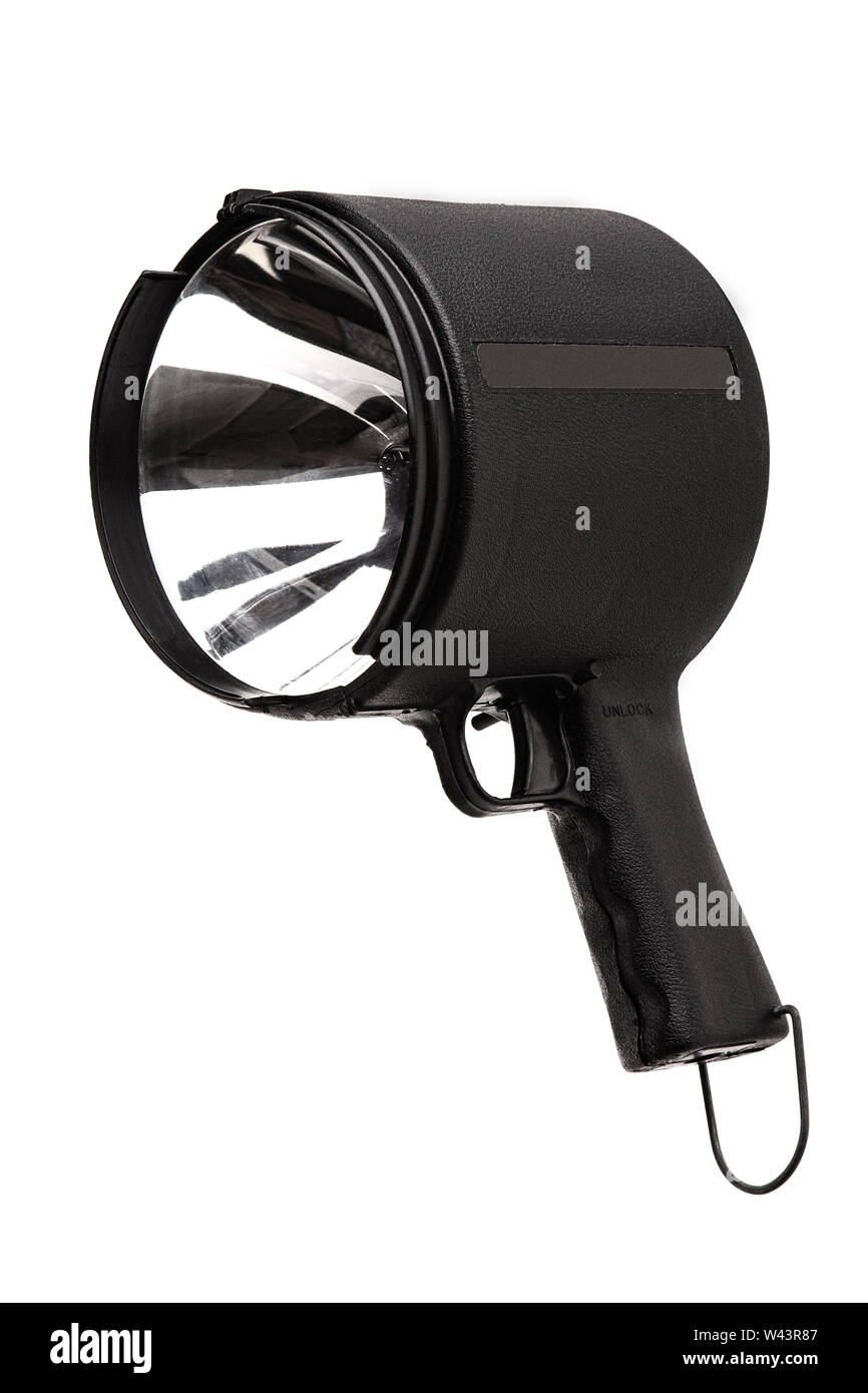 Flashlight with a large reflector close up on a white background. large ...