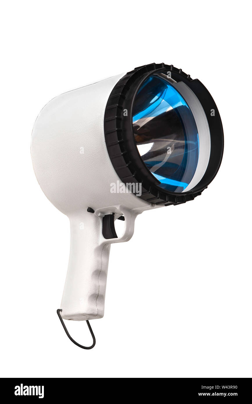 Flashlight with a large reflector close up on a white background. large ...