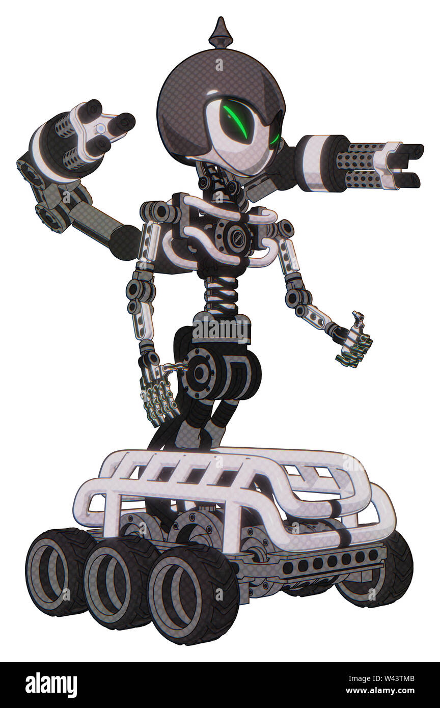 Cyborg containing elements: grey alien style head, green demon eyes ...