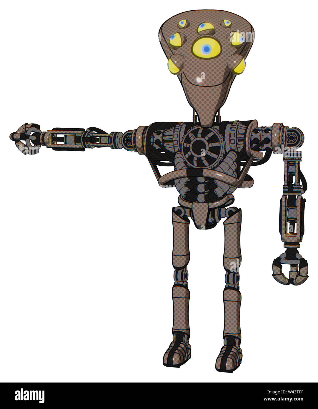 Droid containing elements: flat elongated skull head, yellow eyeball ...
