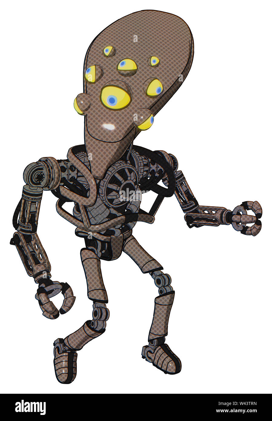 Droid containing elements: flat elongated skull head, yellow eyeball ...