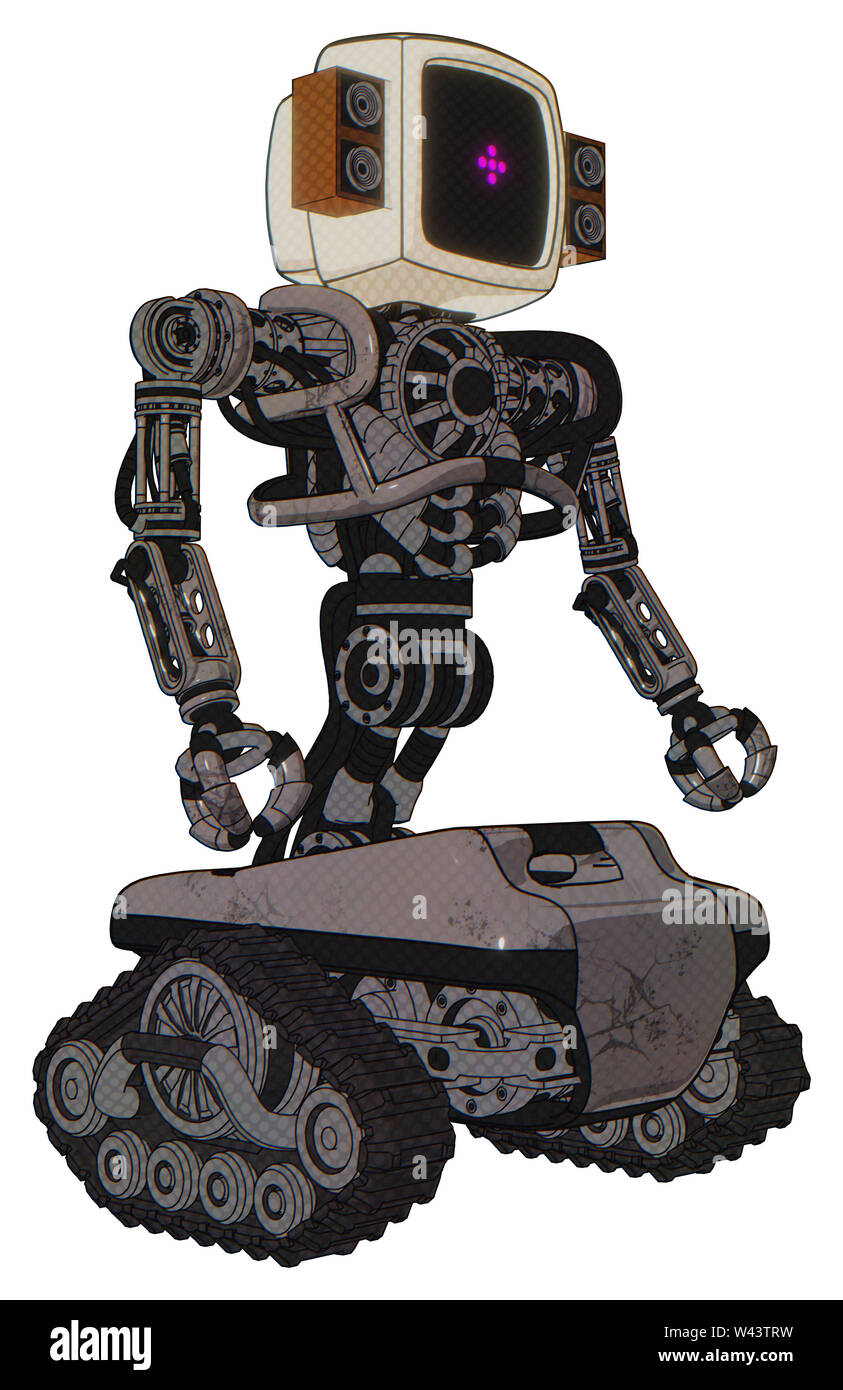 Robot containing elements: old computer monitor, magenta symbol display ...