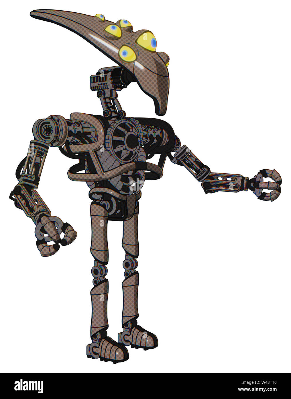 Droid containing elements: flat elongated skull head, yellow eyeball ...