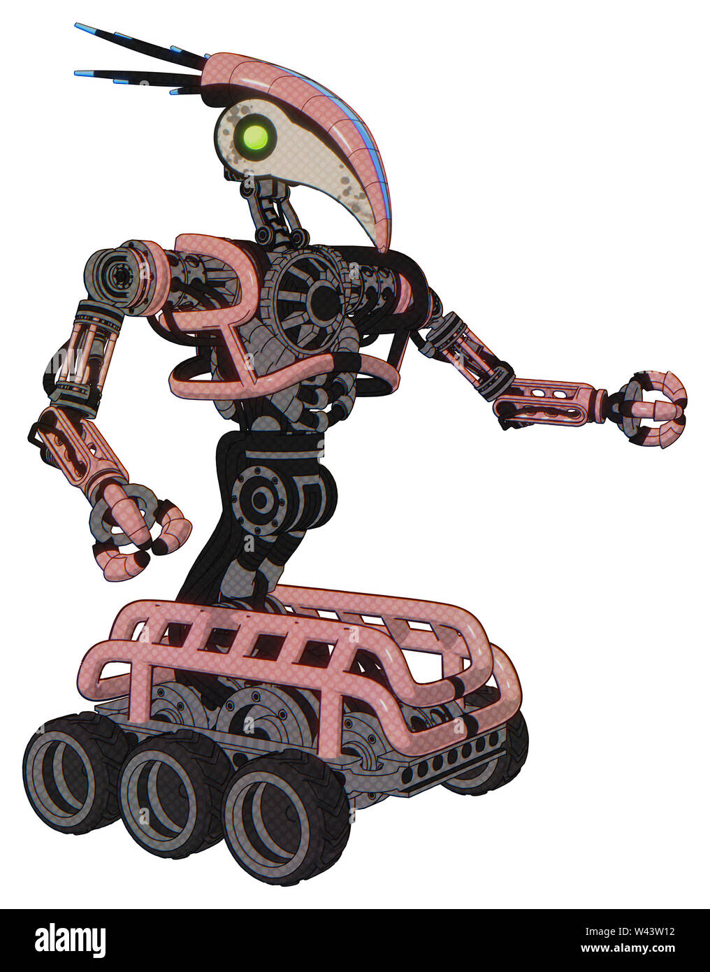 Mech containing elements: bird skull head, green eyes, head shield ...