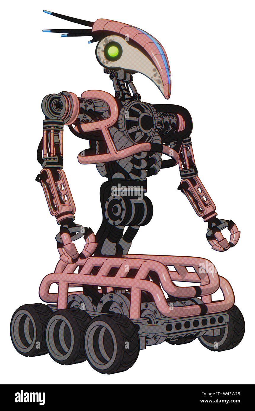 Mech containing elements: bird skull head, green eyes, head shield ...