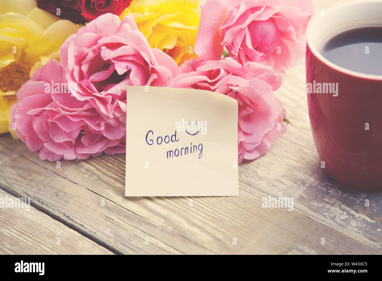 coffee, rose and '' good morning '' writing on paper Stock Photo - Alamy