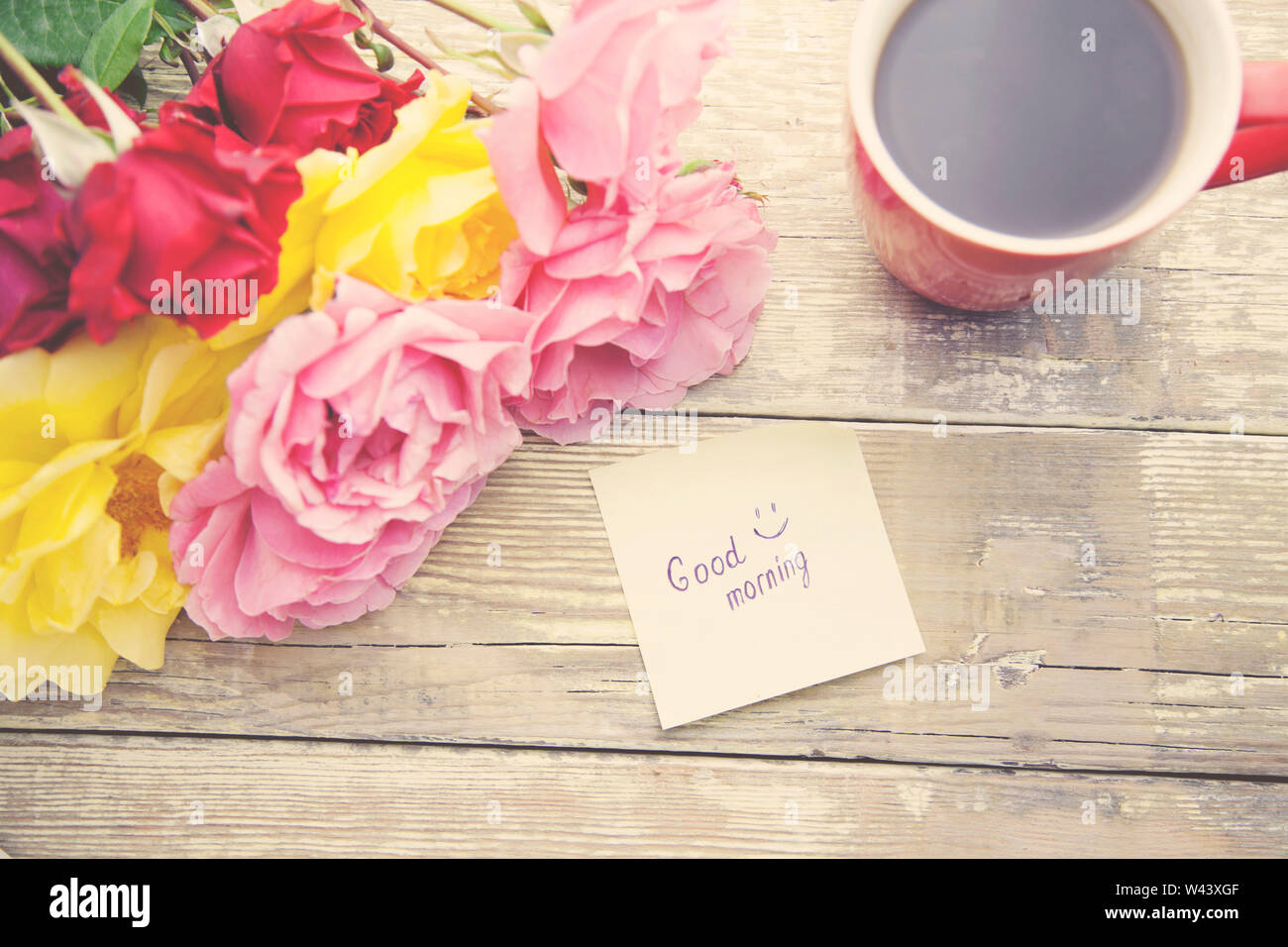 coffee, rose and '' good morning '' writing on paper Stock Photo - Alamy