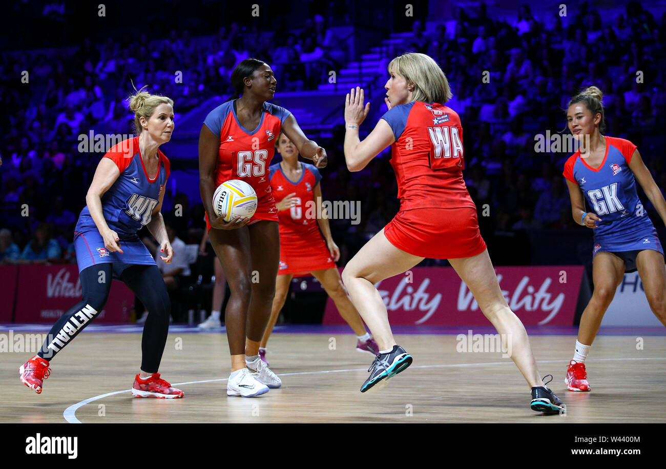 Sally Phillips (left) in action during the celebrity match during the ...