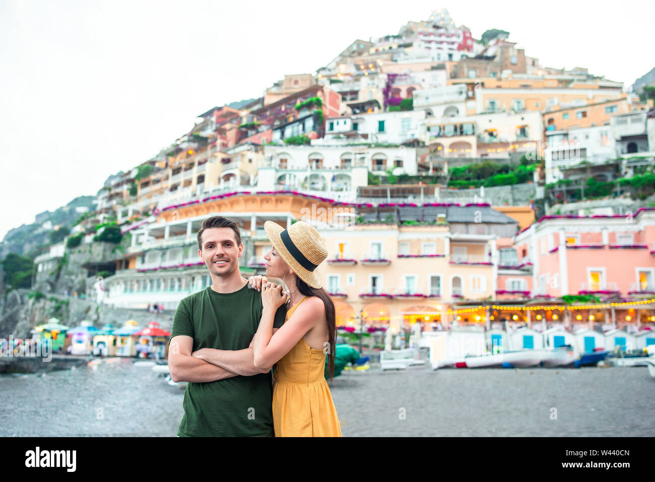 Summer holiday in Italy. Young couple in Positano village on the ...
