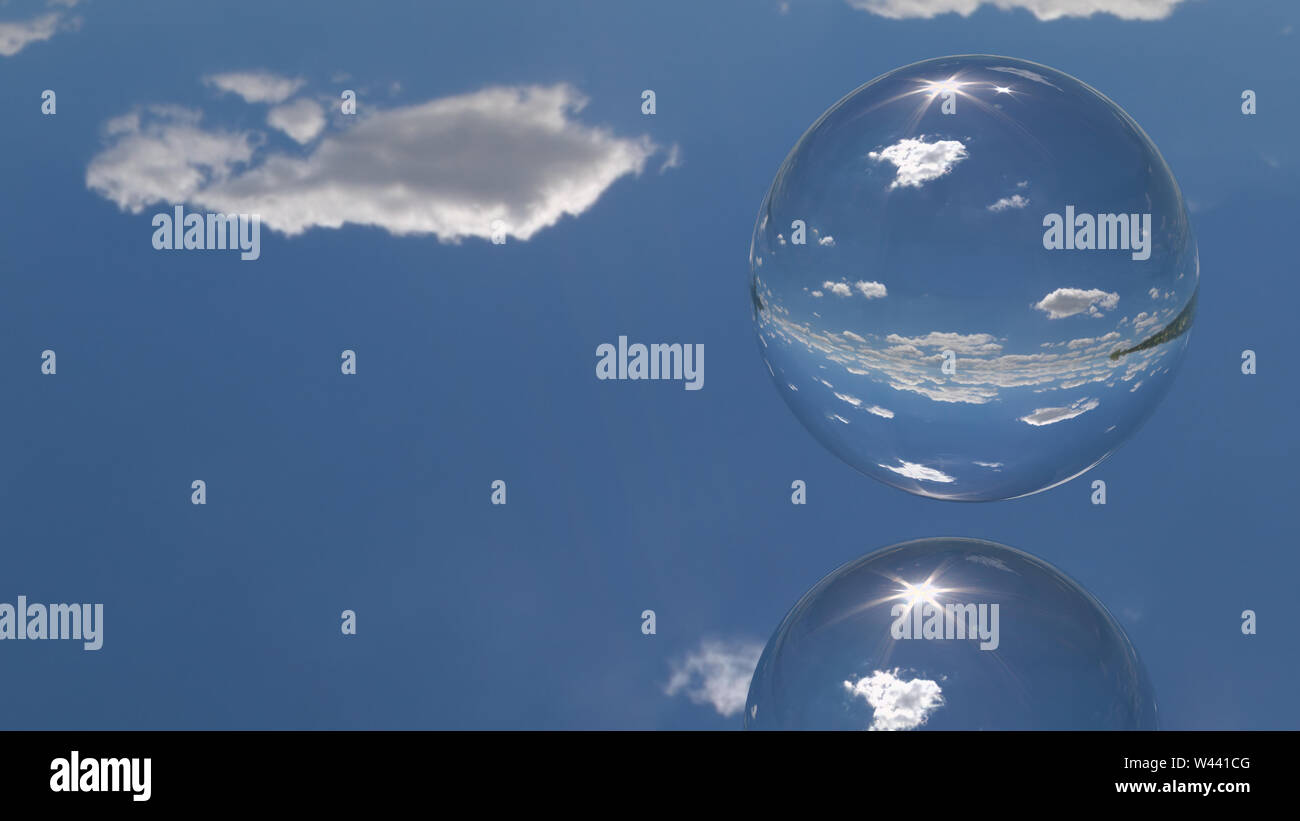 Close up view of one sphere and mirror ground reflecting blue sky and ...