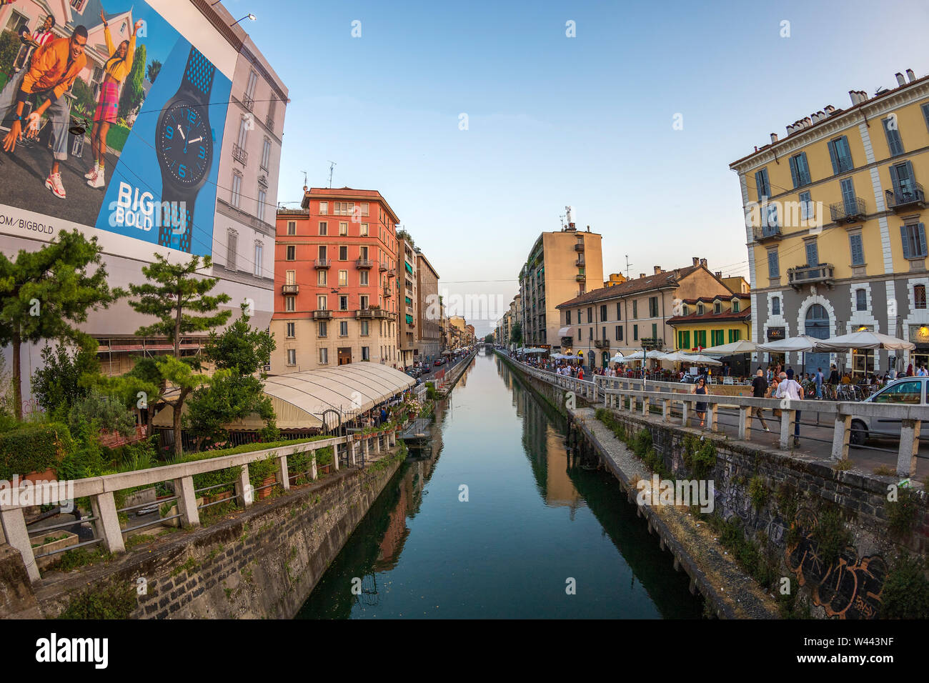 MILAN, ITALY - JUNE 29, 2019: Naviglio Grande, canal waterway which is ...