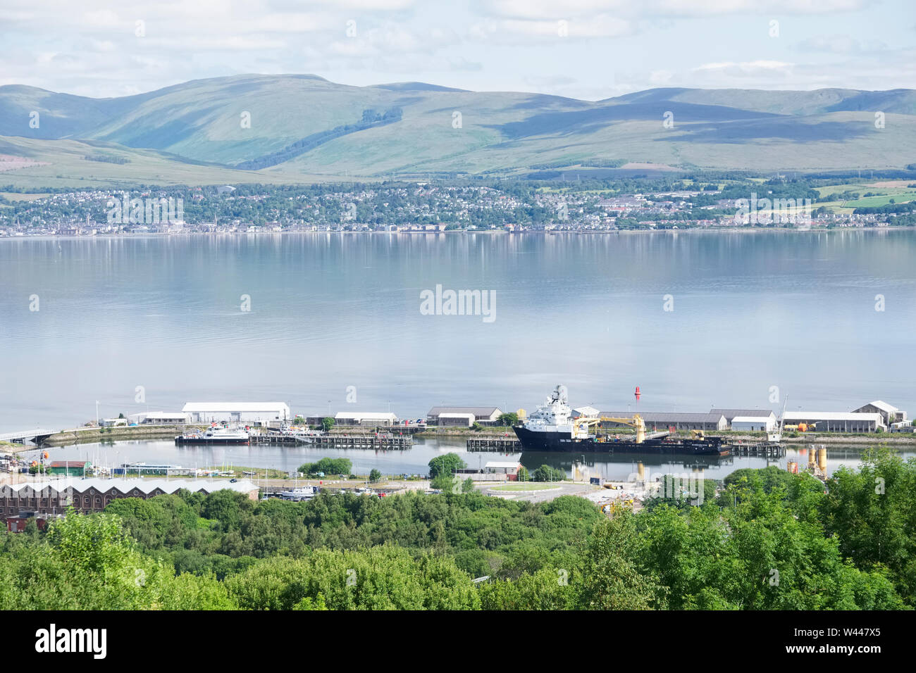 Aerial view of Greenock shipbuilding crane and Gourock ships at the ...