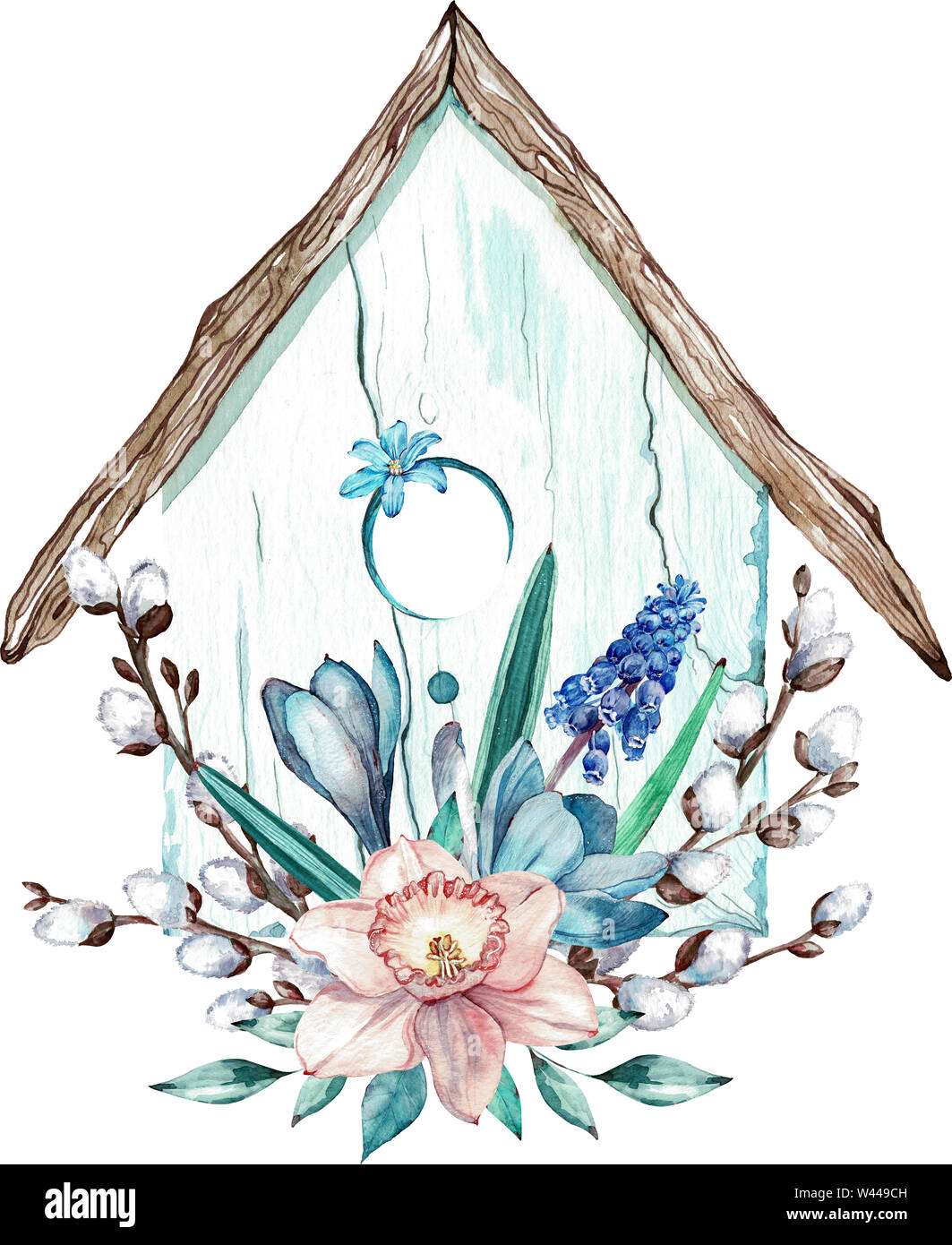 Easter bird house with spring flowers and pussy willow branches ...