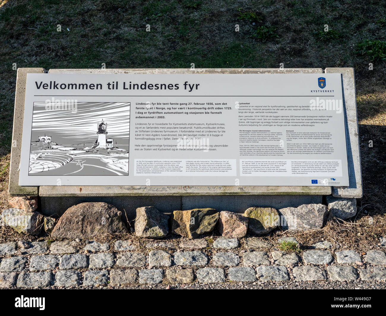 Sign describes history of lighthouse Lindesnes Fyr, at Cape Lindesnes ...