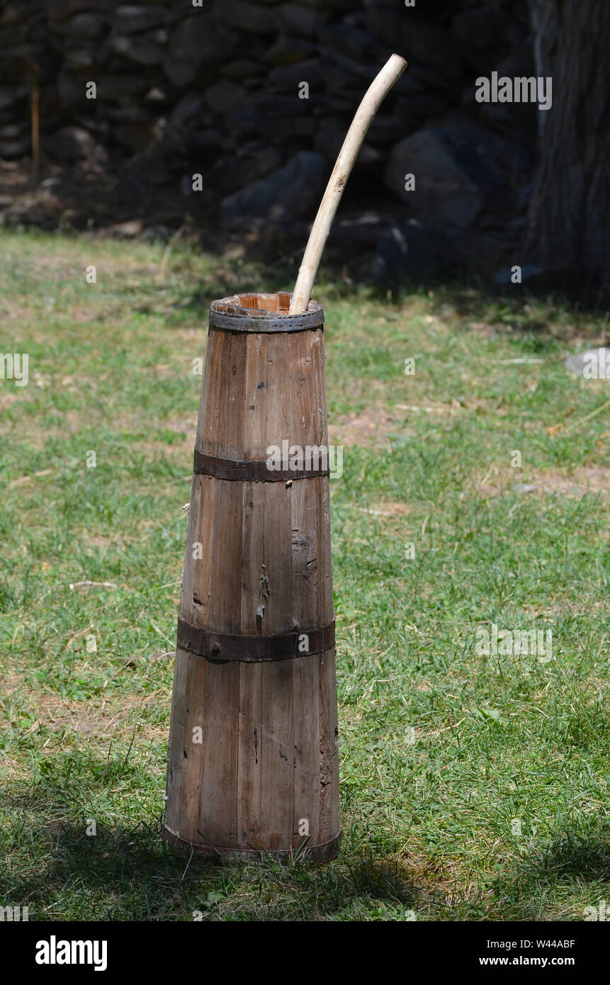 Traditional wooden butter churner in the Nuratau mountains, Uzbekistan ...