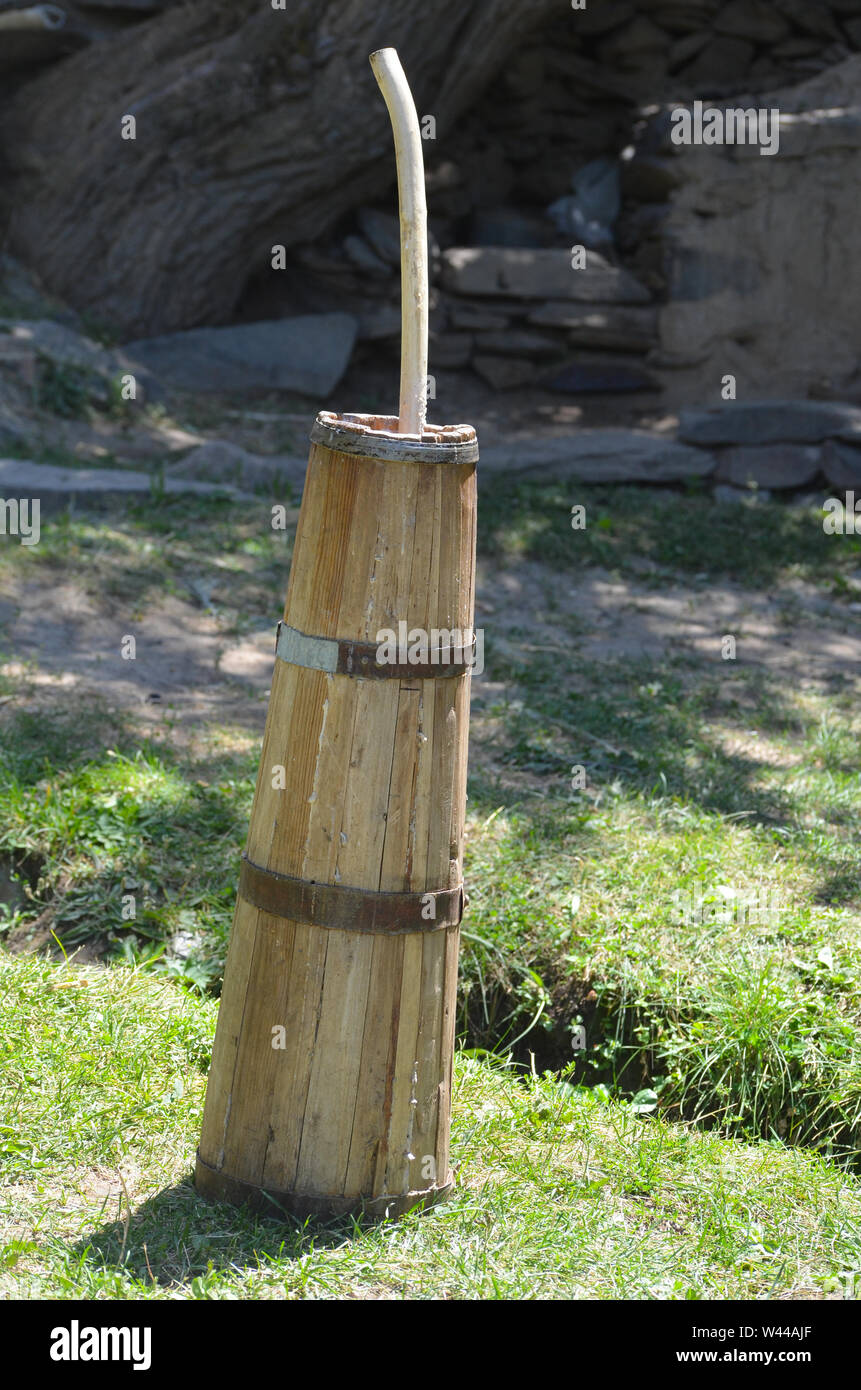 Traditional wooden butter churner in the Nuratau mountains, Uzbekistan ...