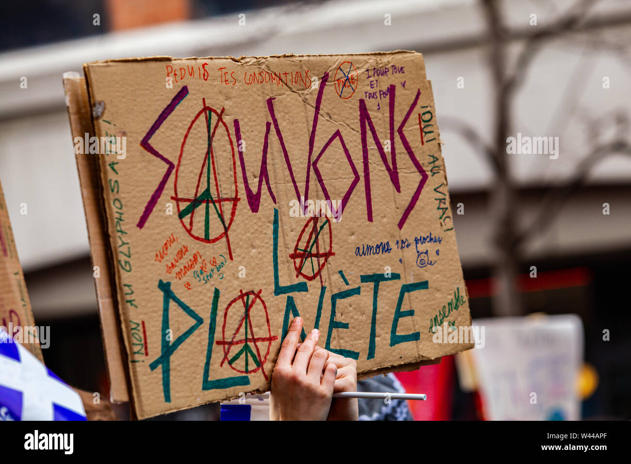 A French sign is viewed closeup during an environmental rally, saying ...