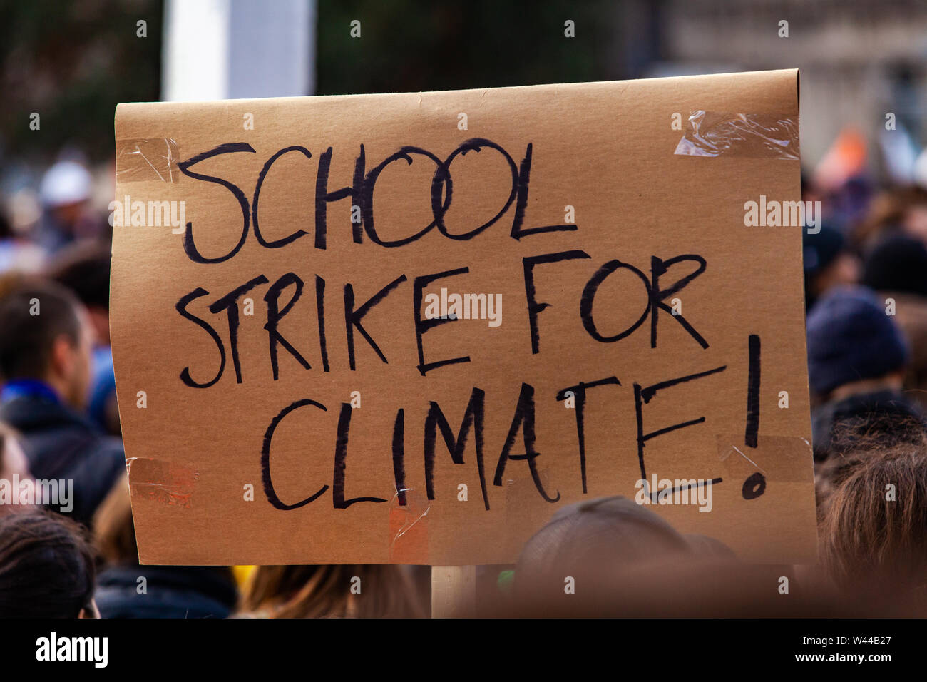 A cardboard sign, reading school strike for climate, is seen closeup as ...