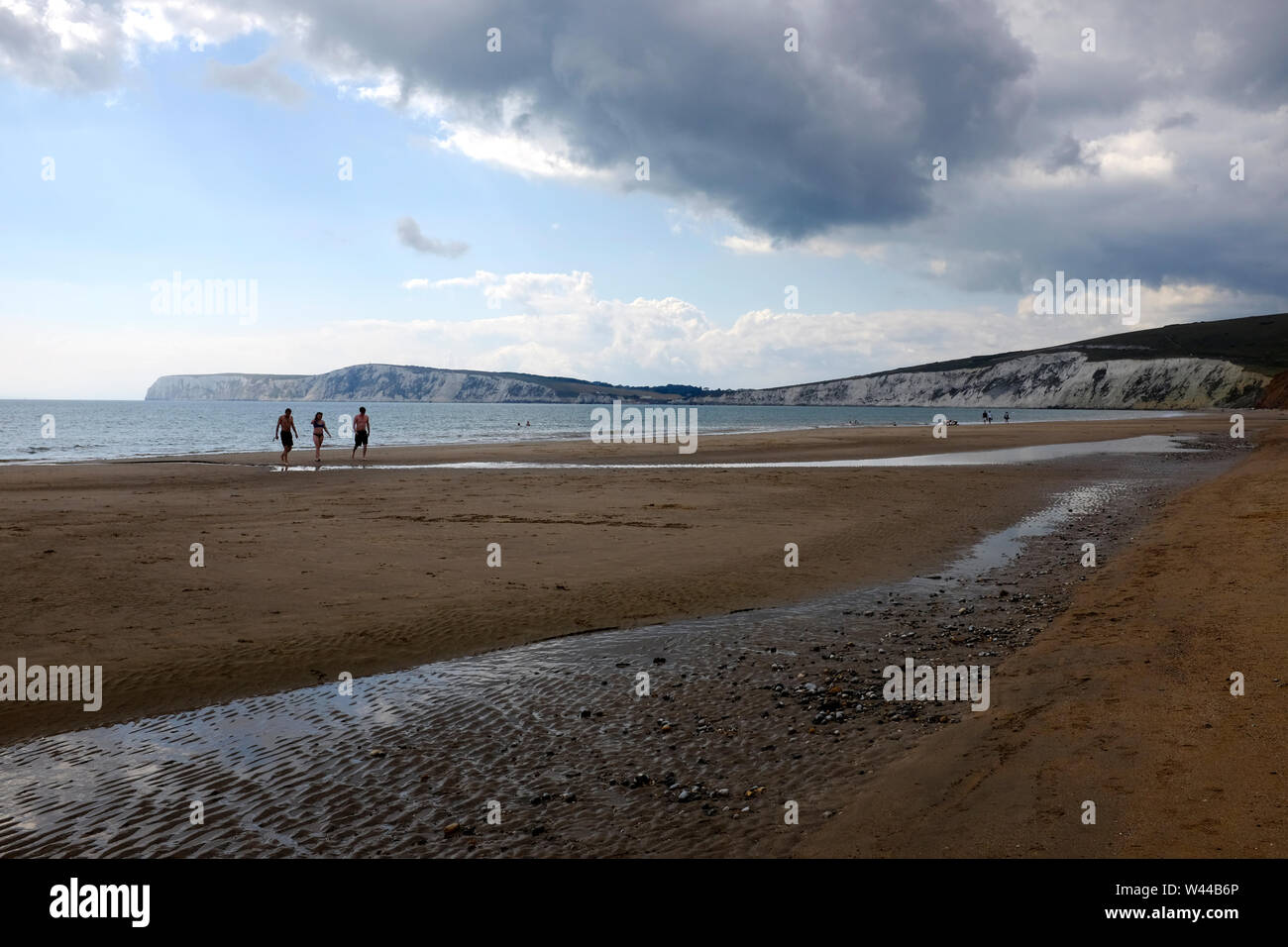 A group of friends exiting the sea from a swim at low tide on the sandy ...