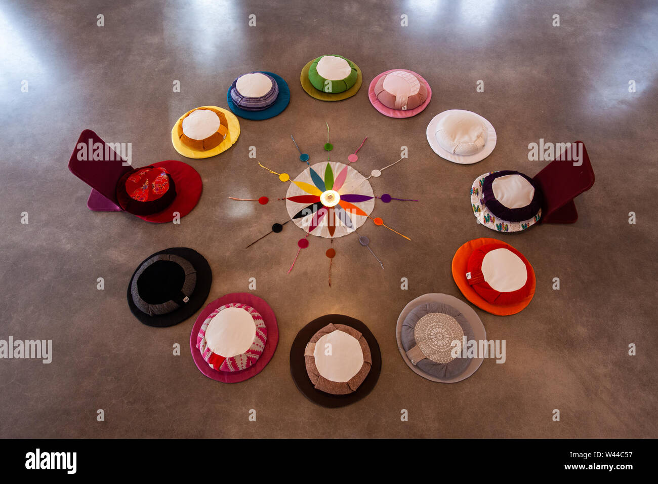 A high angled view on the twelve colors of the Native American wheel ...