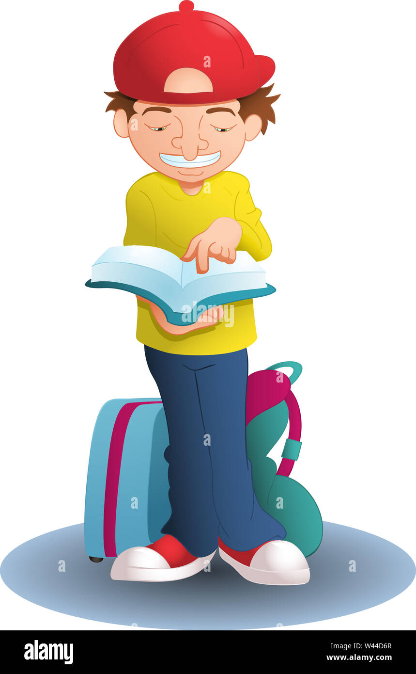 illustration of a boy reading a catalog book for traveling guide on ...