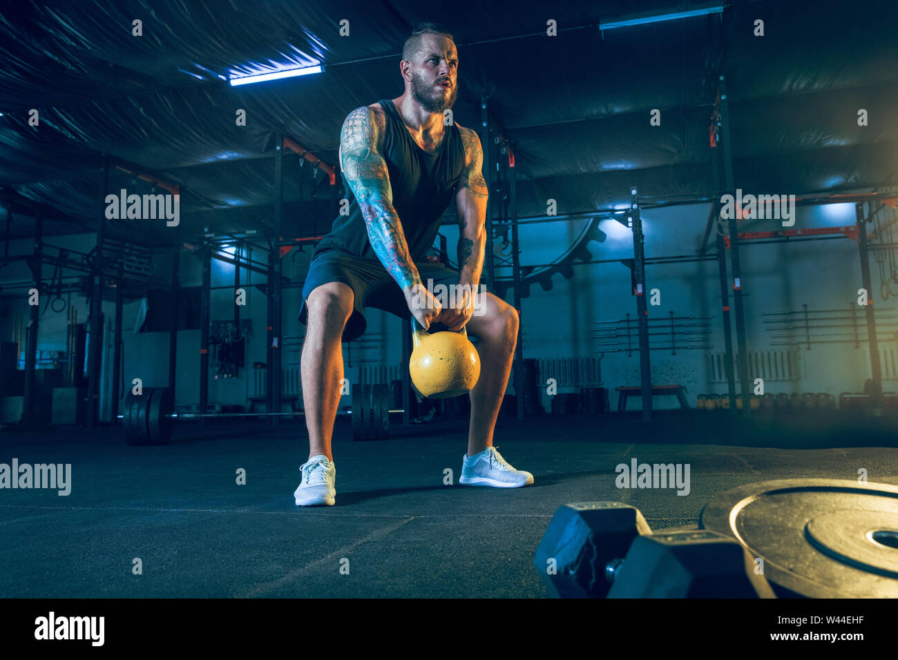 Young healthy man athlete doing exercise with the weights in the gym ...