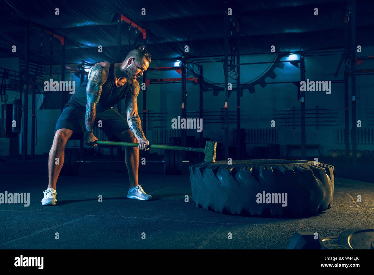 Young healthy man athlete doing exercises in the gym. Single male model ...