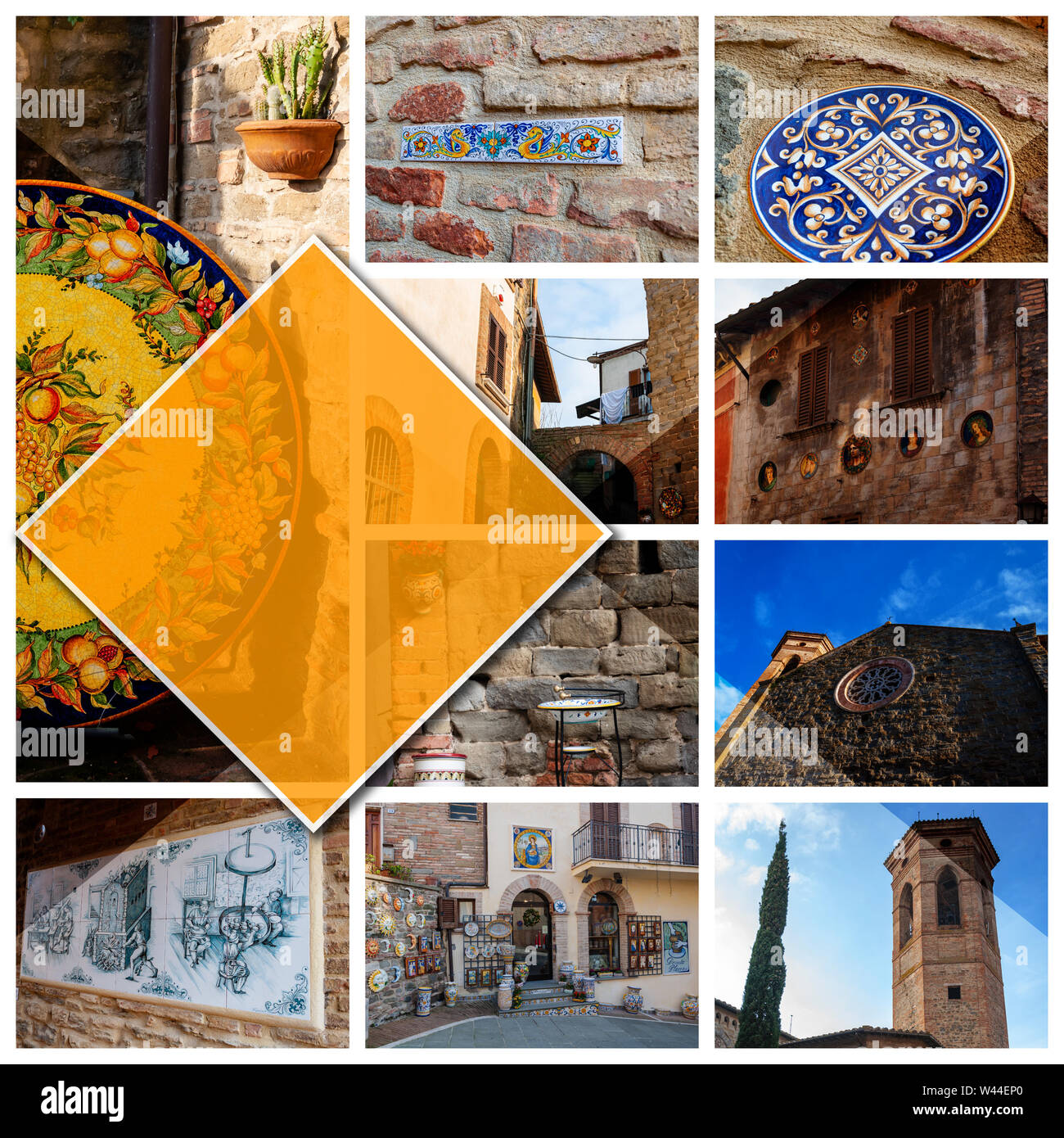 Collage photos of Deruta - Italy, in 1:1 format. Town in Umbria famous ...