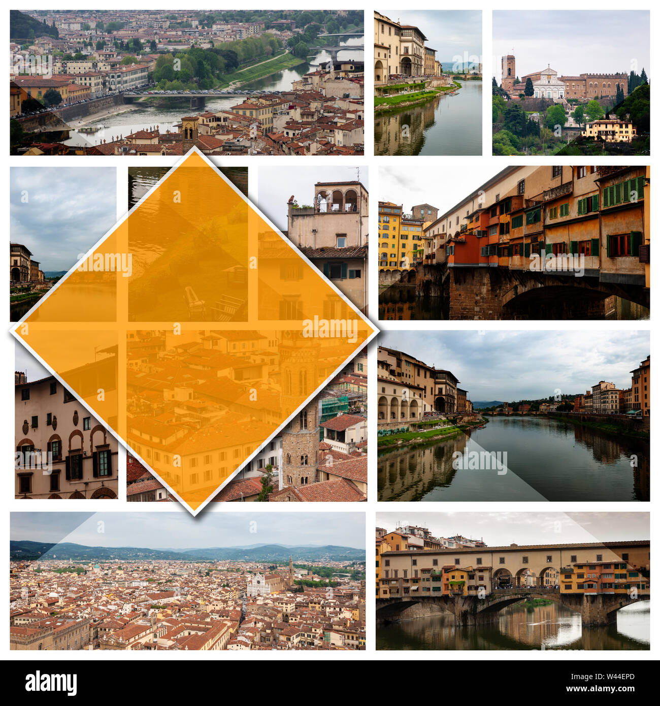 Collage photos of Florence, Italy, in 1:1 format. UNESCO heritage and ...