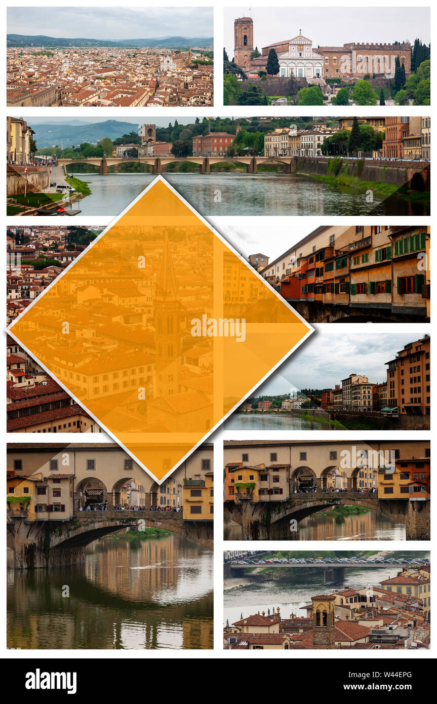 Collage photos of Florence, Italy, in 2:3 format. UNESCO heritage and ...